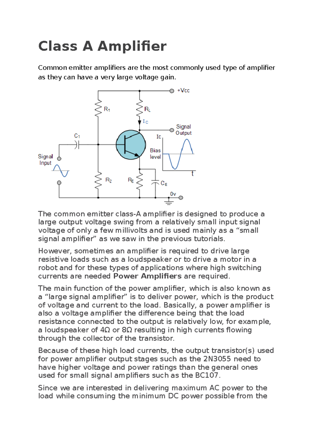 Class A Amplifiers - Summary Electrical Engineering- Industrial Electronics - Class A Amplifier ...