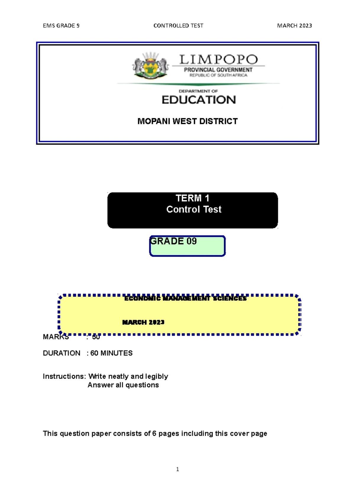 Gr8 T33 Sept Hist Test Resource 1 SOCIAL SCIENCE GRADE 8 TERM 3