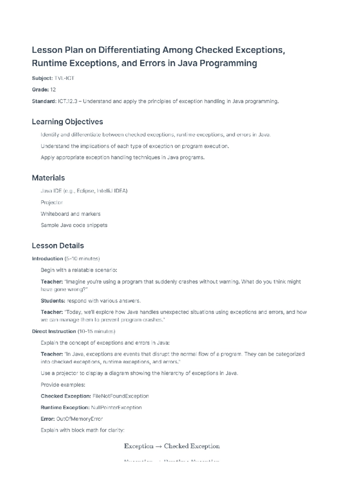 Lesson Plan: Differentiating Exceptions in Java (TVL-ICT 12) - Studocu