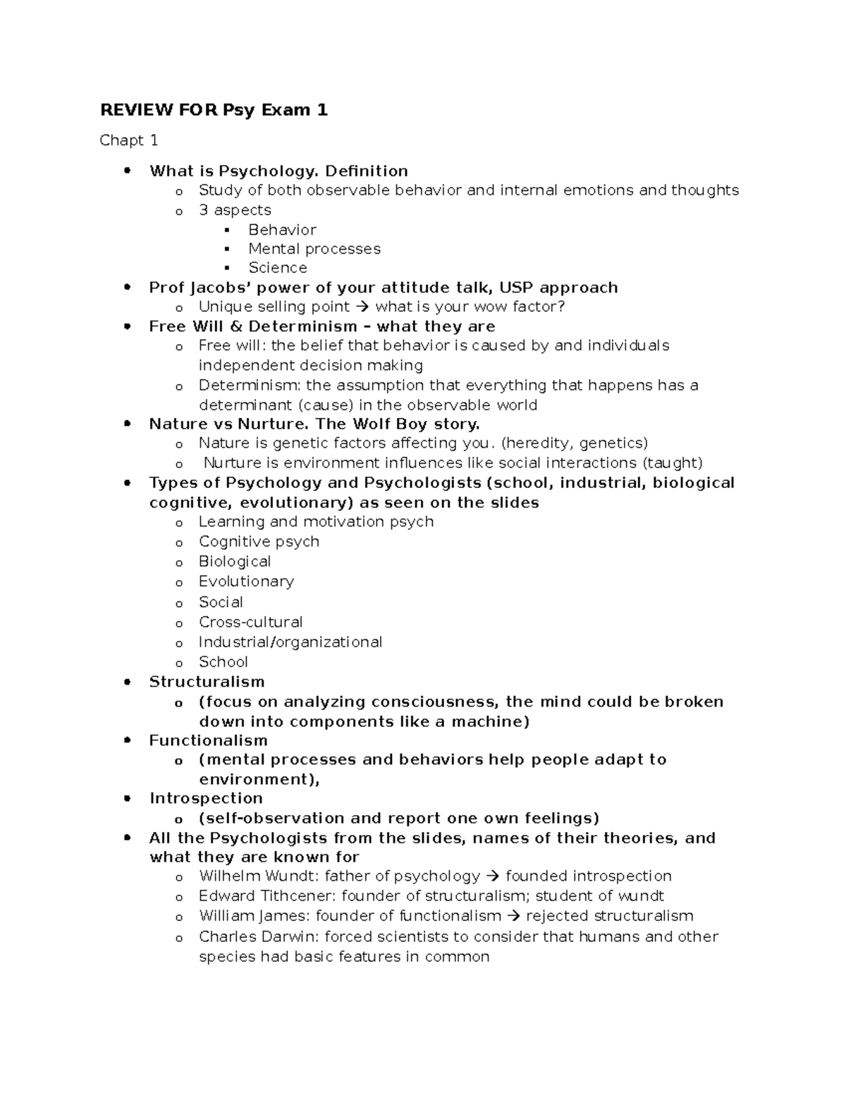 Review for Psy Exam 1: Key Concepts from Chapters 1 & 2 - Studocu