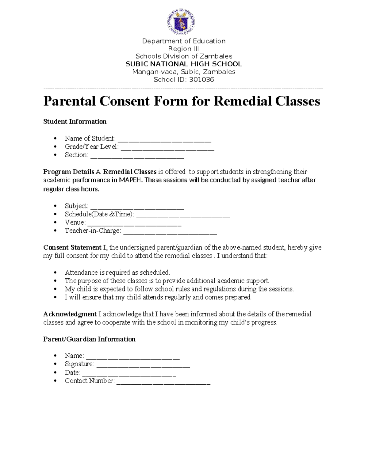 Parental Consent Form for Remedial Classes - Subic National HS - Studocu