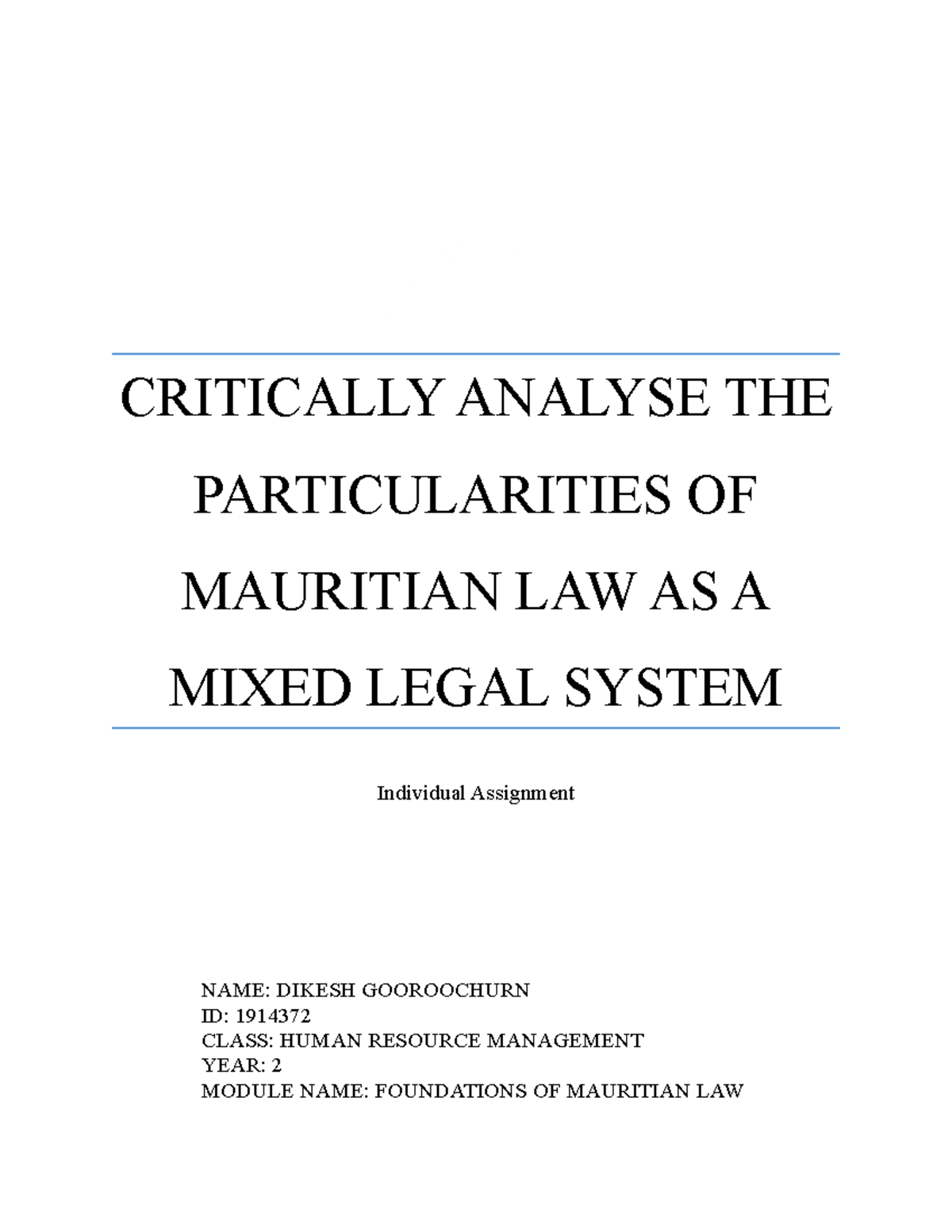 Critical Analysis of the Mixed Legal System in Mauritius (HRM 2102 ...