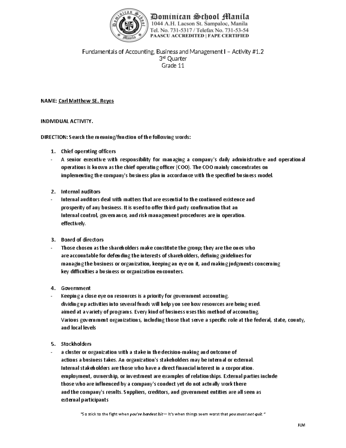 DSM FABM1 Activity 3: Key Terms in Accounting & Management - Studocu