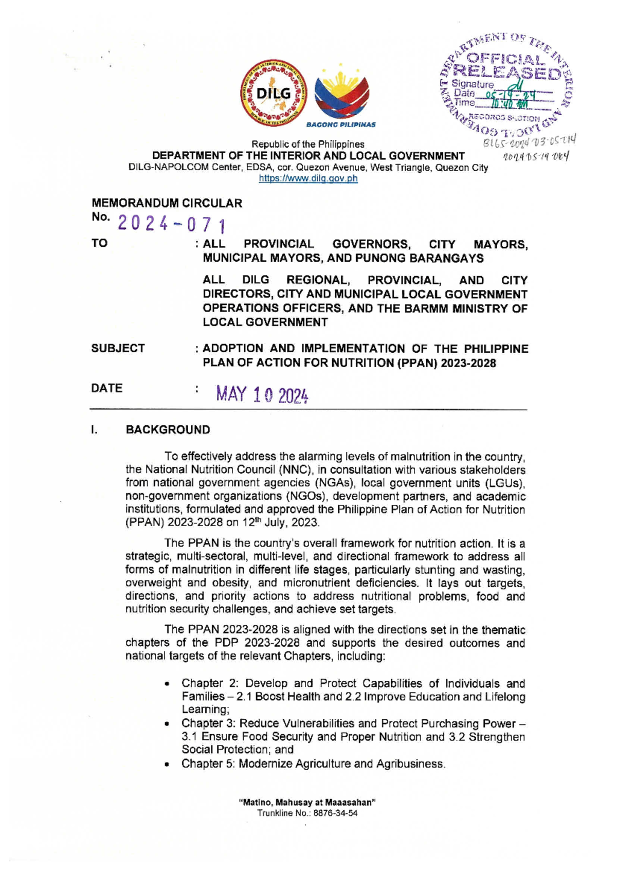 MC2024-071 Guidelines for Implementing the Philippine Nutrition Plan 2023-2028 - Studocu