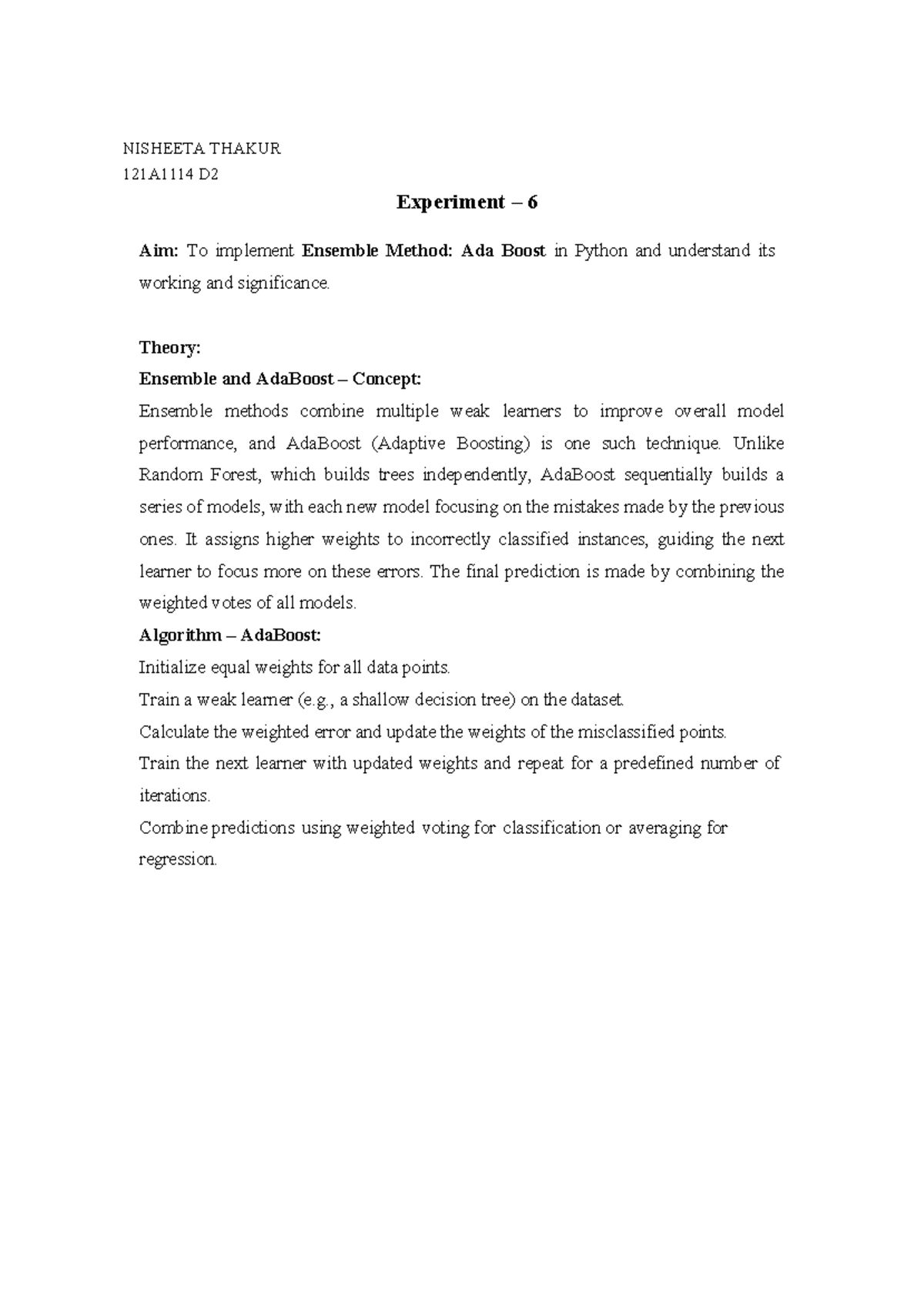 121A1114 D2 ML EXP6 - Implementing AdaBoost Ensemble Method in Python ...