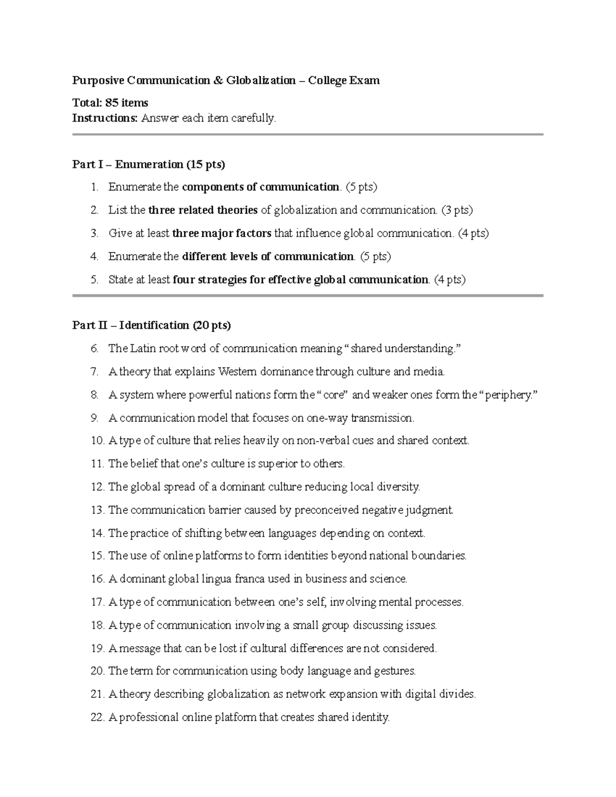 Purposive Communication (PCOM) Globalization Prelim Exam Review - Studocu