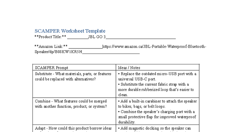 SCAMPER Worksheet Template: Innovative Product Development Techniques ...