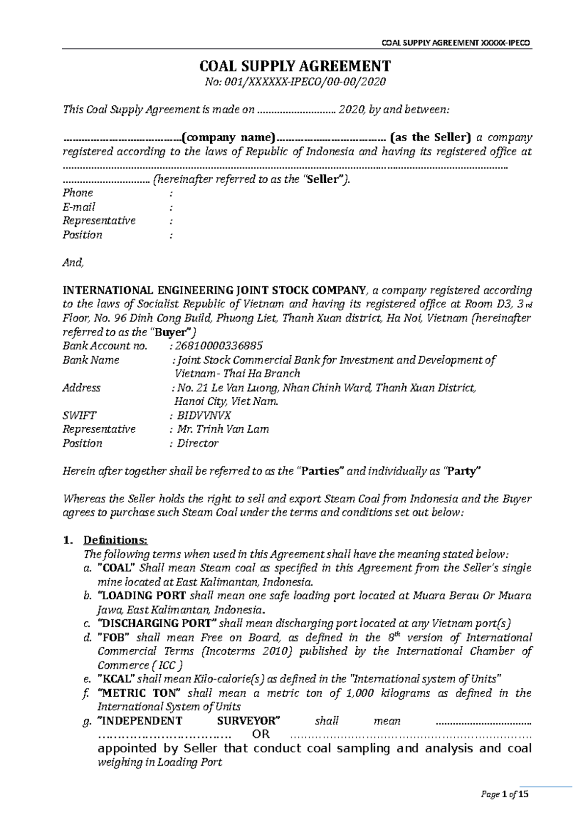 Coal Supply Contract Sample - COAL SUPPLY AGREEMENT No: 001/XXXXXX ...
