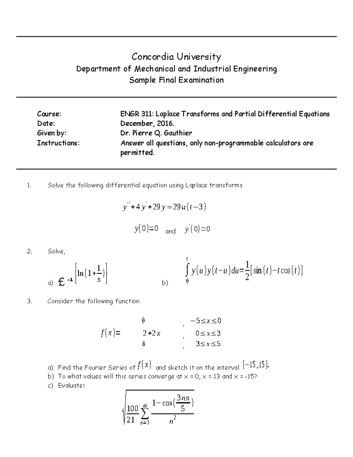 ENGR 311: Sample Final Exam on Laplace Transforms & PDEs - Studocu