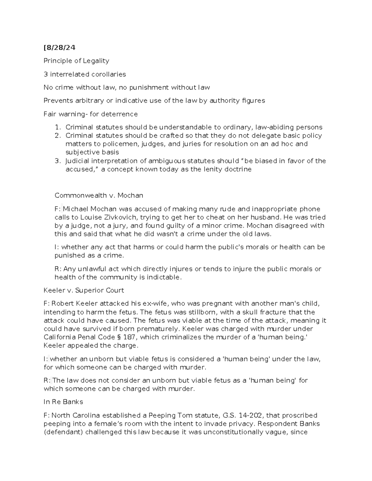Principles of Legality and Key Case Summaries for Law 101 - Studocu