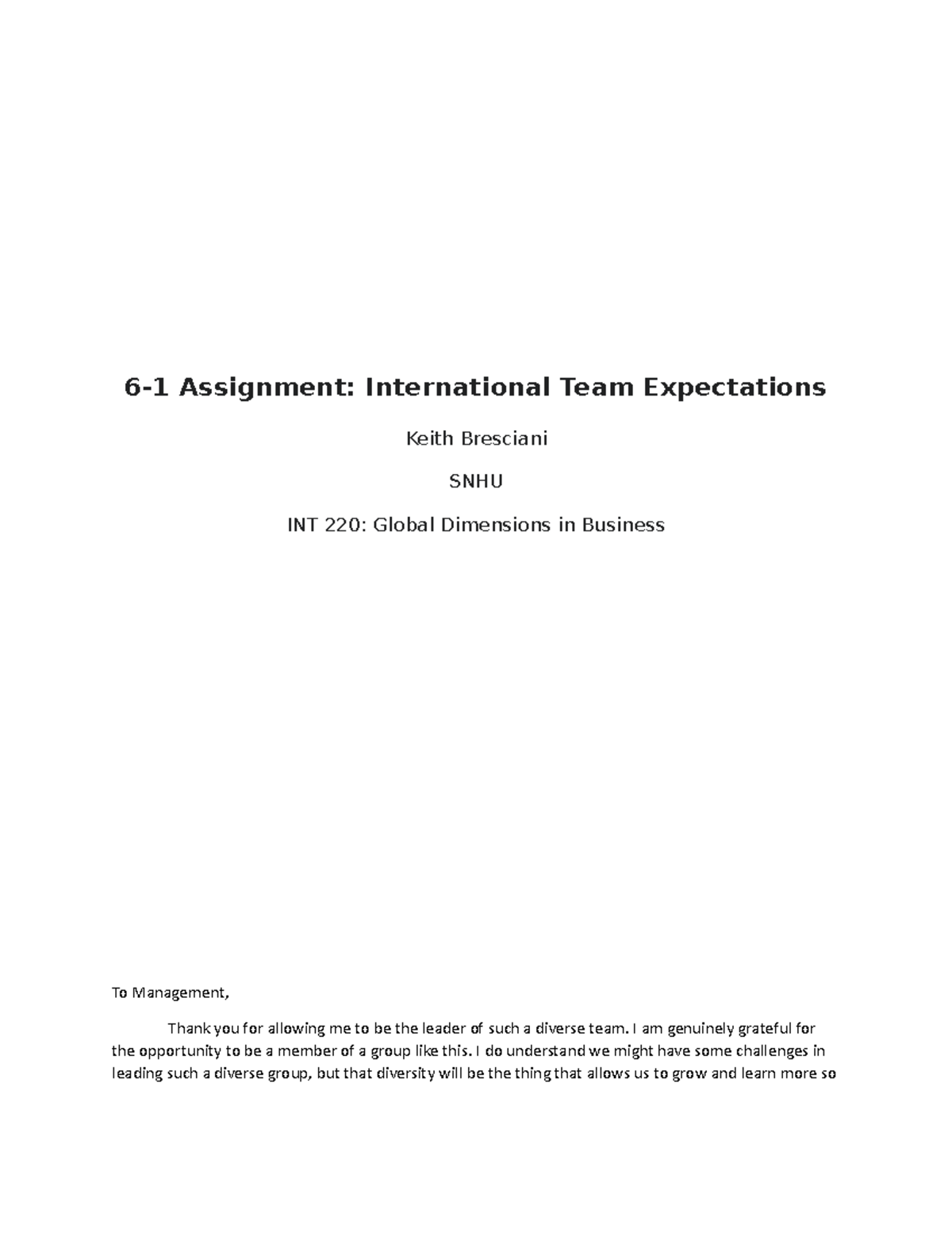 INT 220: Global Team Management Expectations - 6-1 Assignment - Studocu