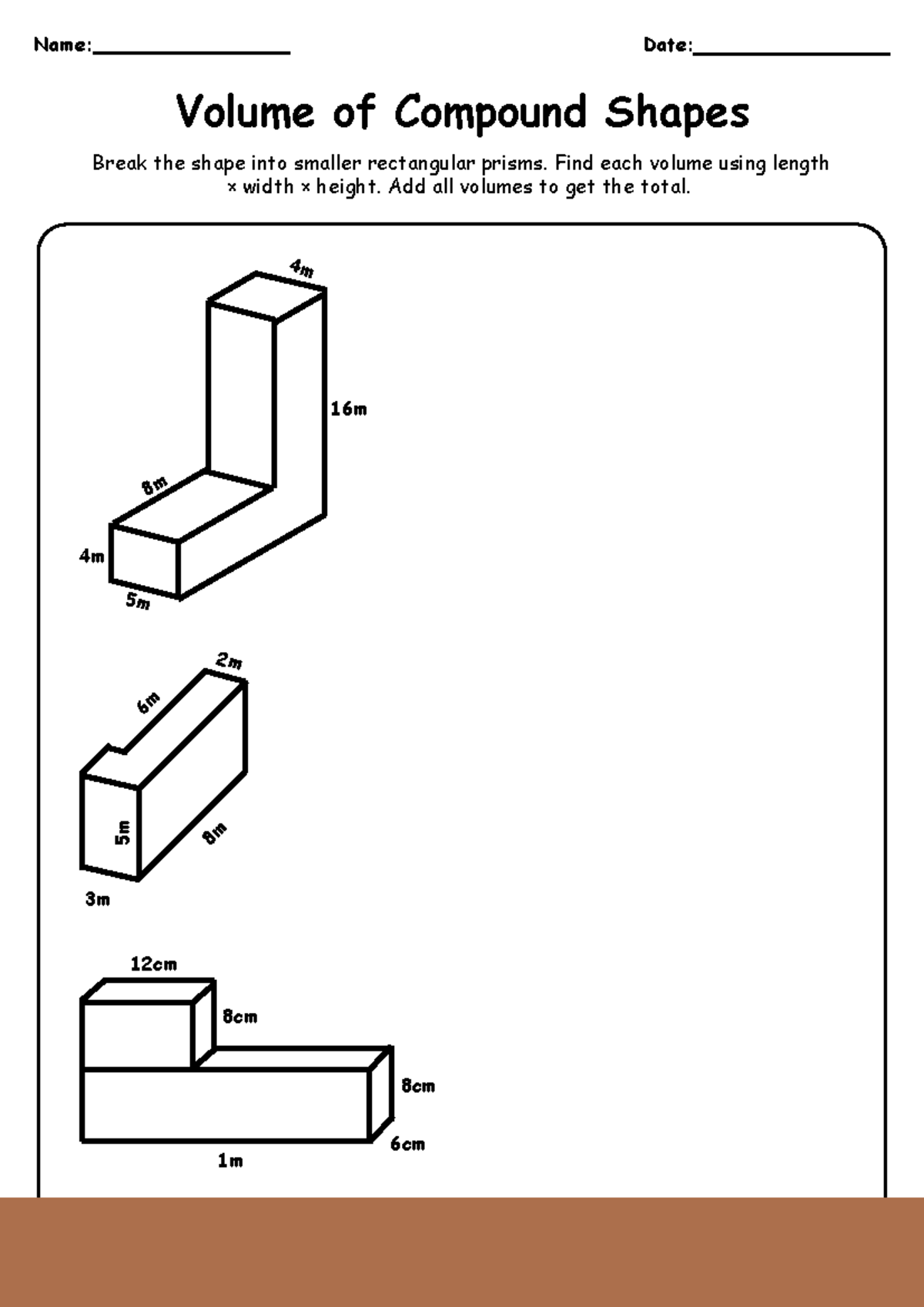 Calculating Volume of Compound Shapes - 5th Grade Worksheet - 2m 8m 3m ...