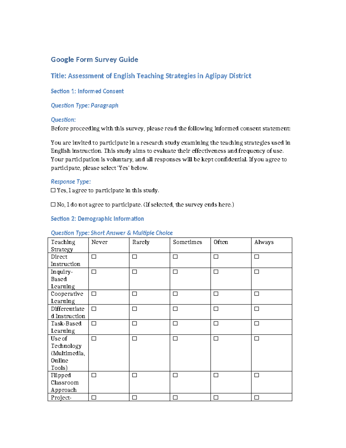Google Form Survey Adopted - Google Form Survey Guide Title: Assessment ...