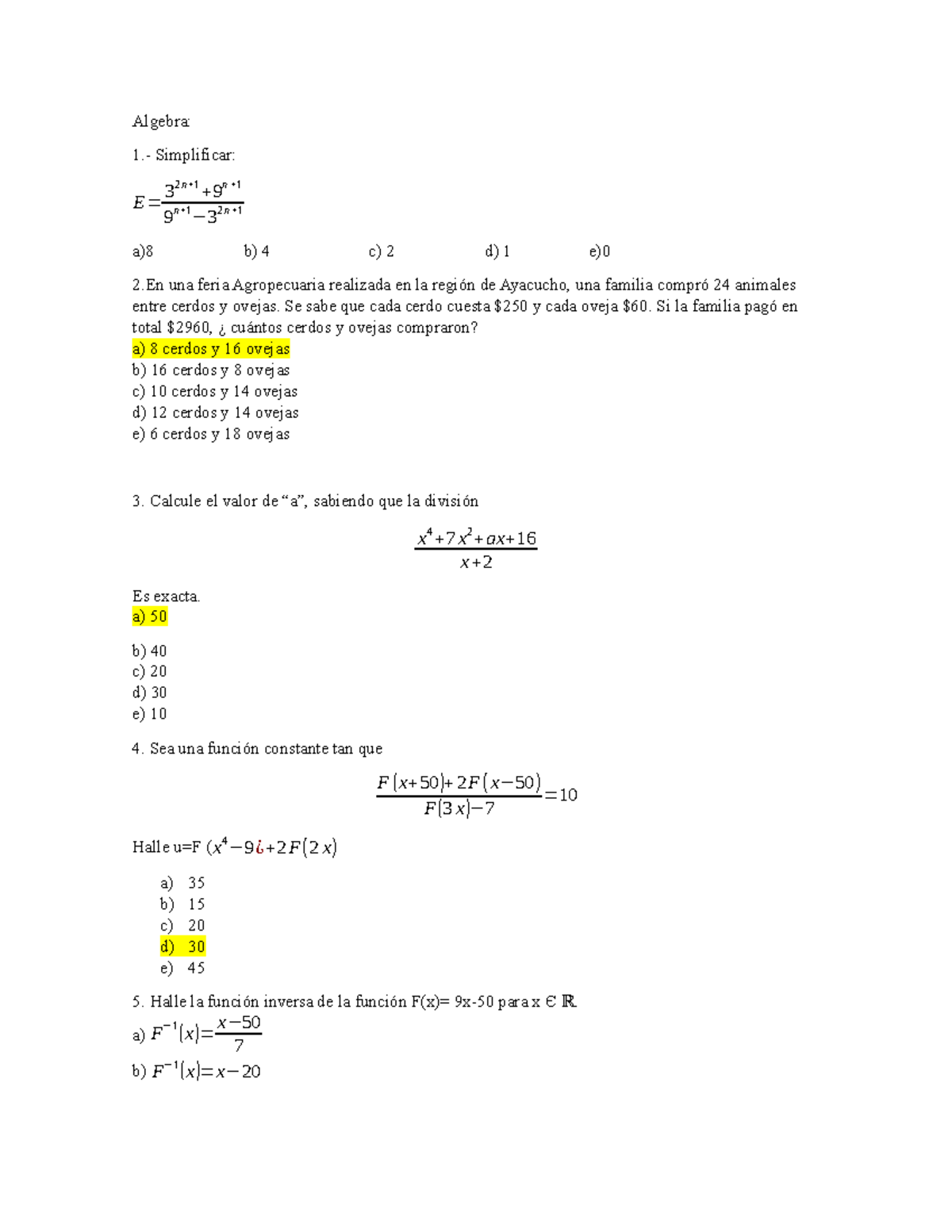 Algebra - EJERCICIOS RESUELTOS - Algebra: 1.- Simplificar: E= 3 2 n+ 1 ...