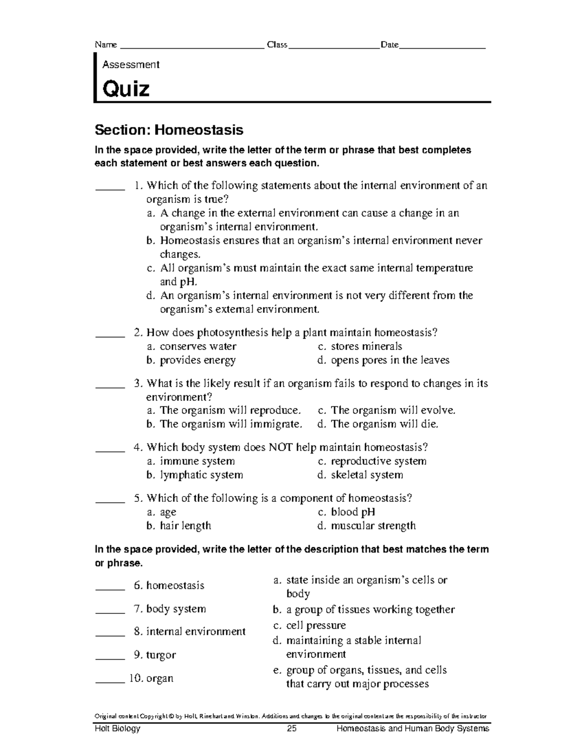 Homeostasis Quiz Practice - Name ______________________________ Class ...