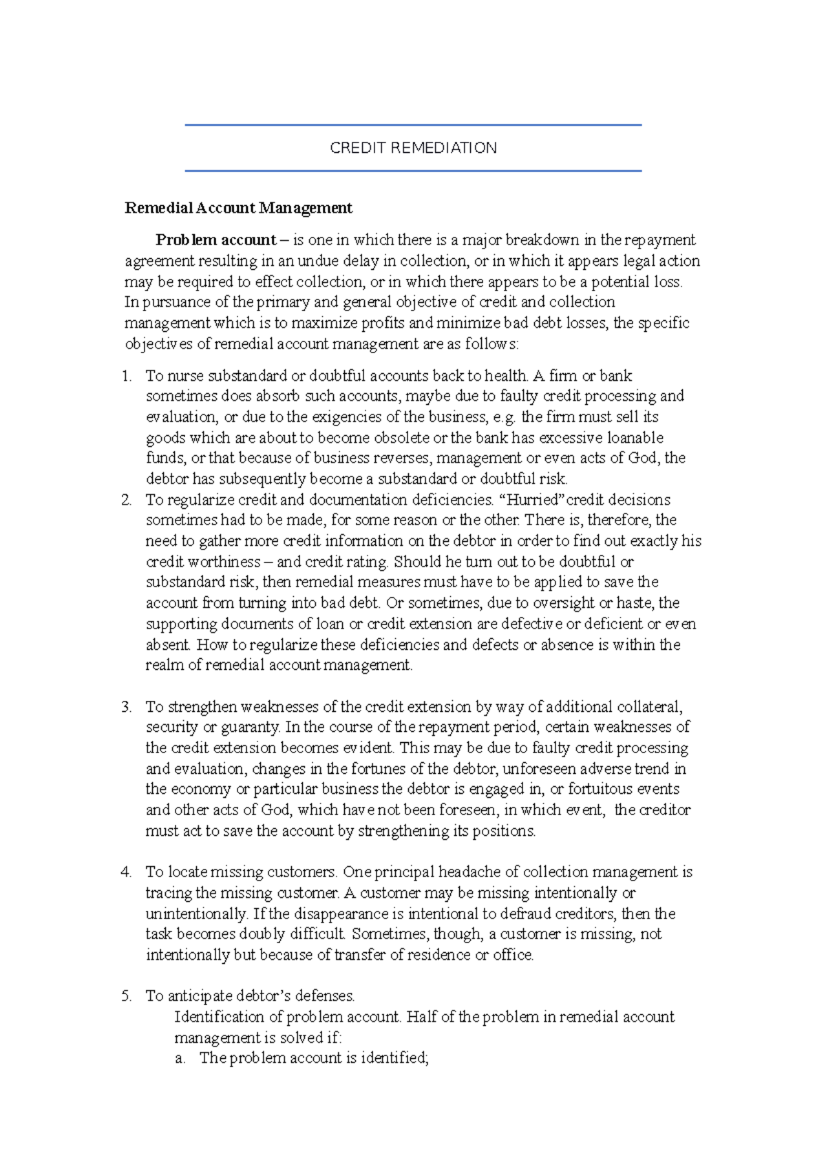 CREDIT 101: Comprehensive Guide to Remedial Account Management - Studocu