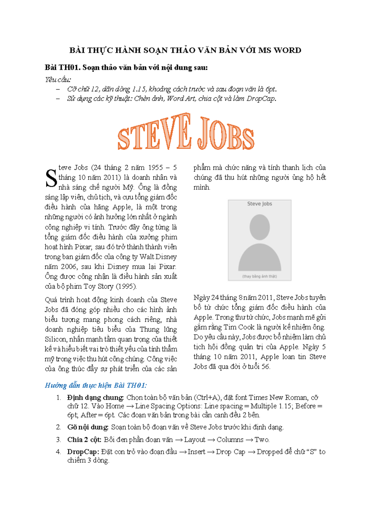 BÀI THỰC HÀNH TH01: SOẠN THẢO VĂN BẢN VỚI MS WORD - Studocu