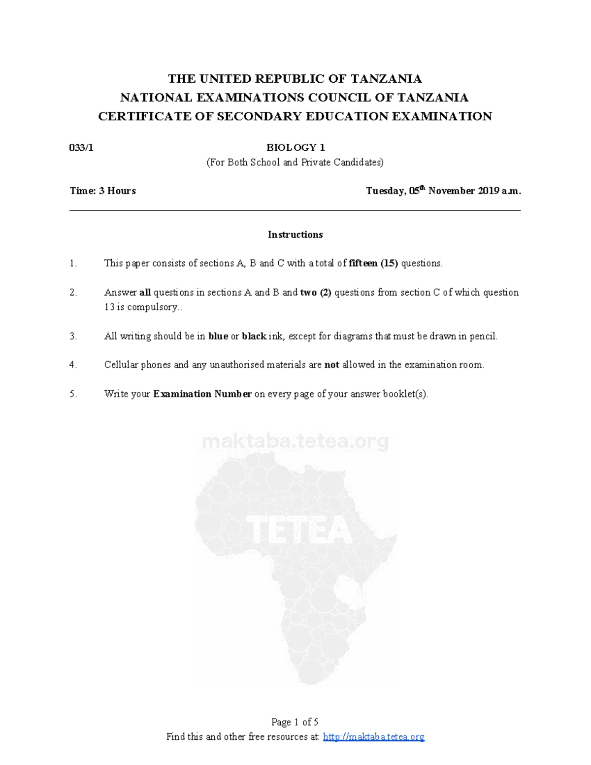 Biology 1 - F4 - 2019 - Past Exam Paper and Solutions - Studocu