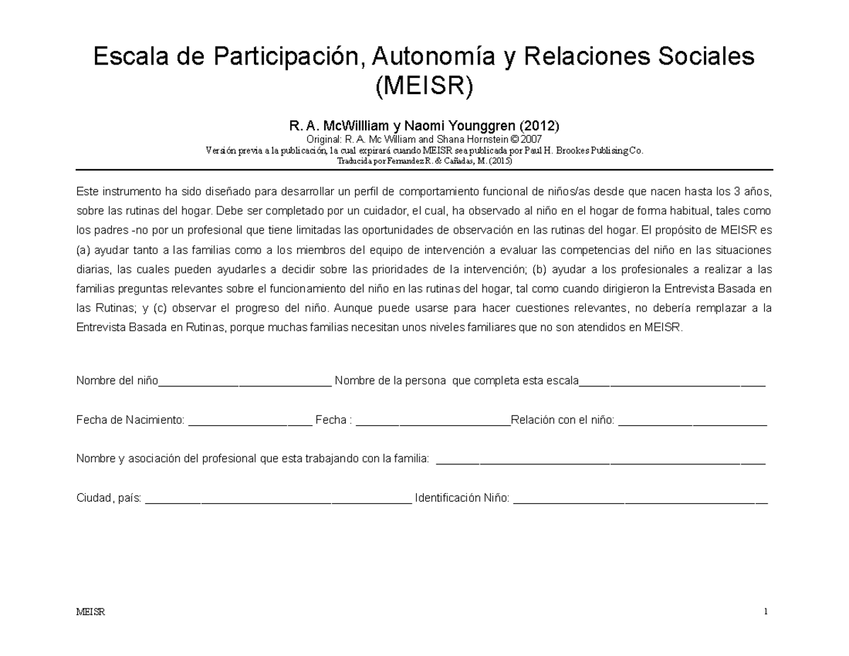 Escala MEISR: Evaluación de Funcionamiento Infantil en Rutinas ...