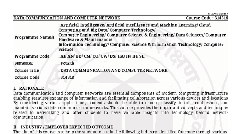 314318 DATA COMMUNICATION AND COMPUTER NETWORK Course Overview and ...