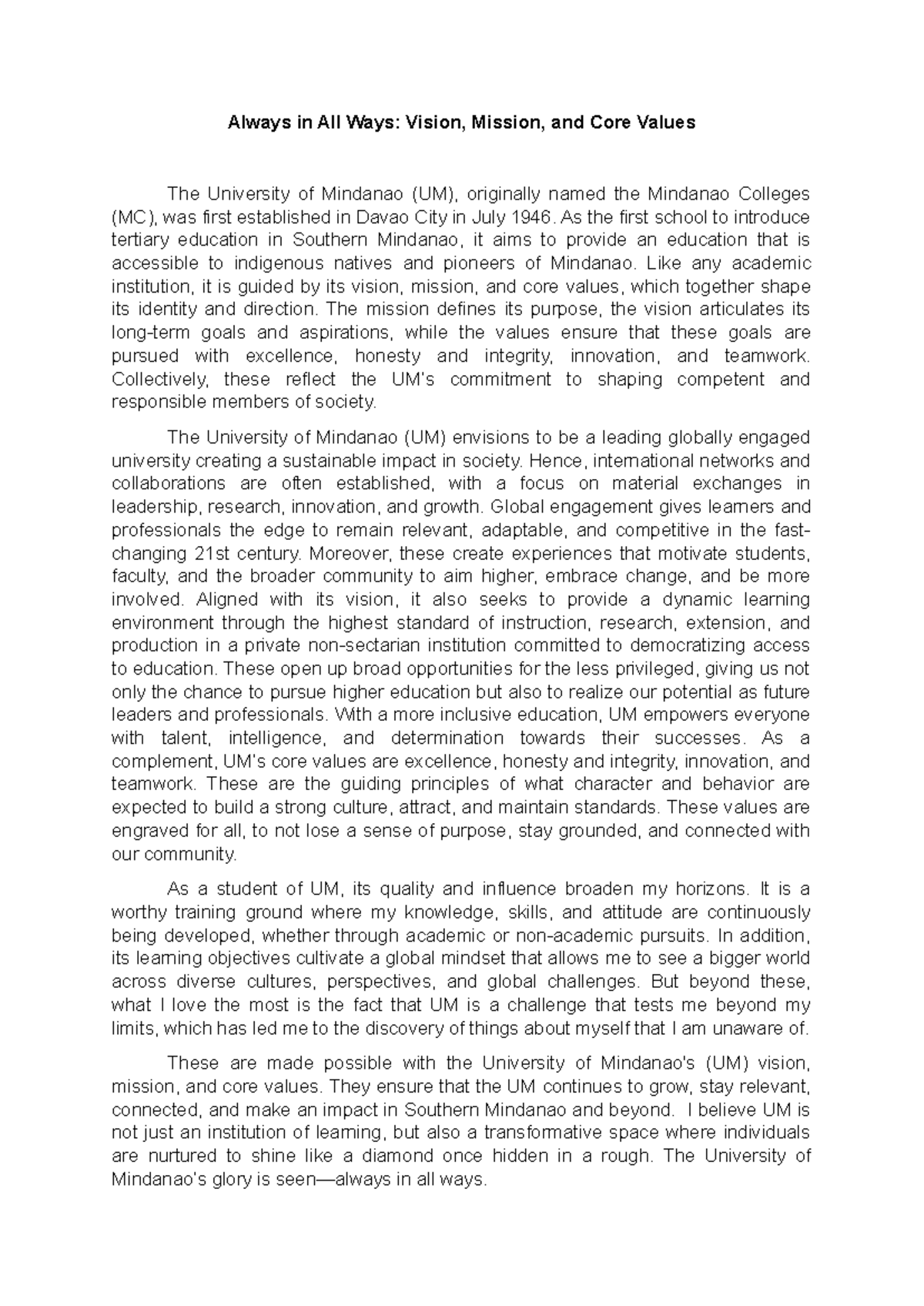 NSTP - Essay on the Vision, Mission, and Core Values of UM - Studocu
