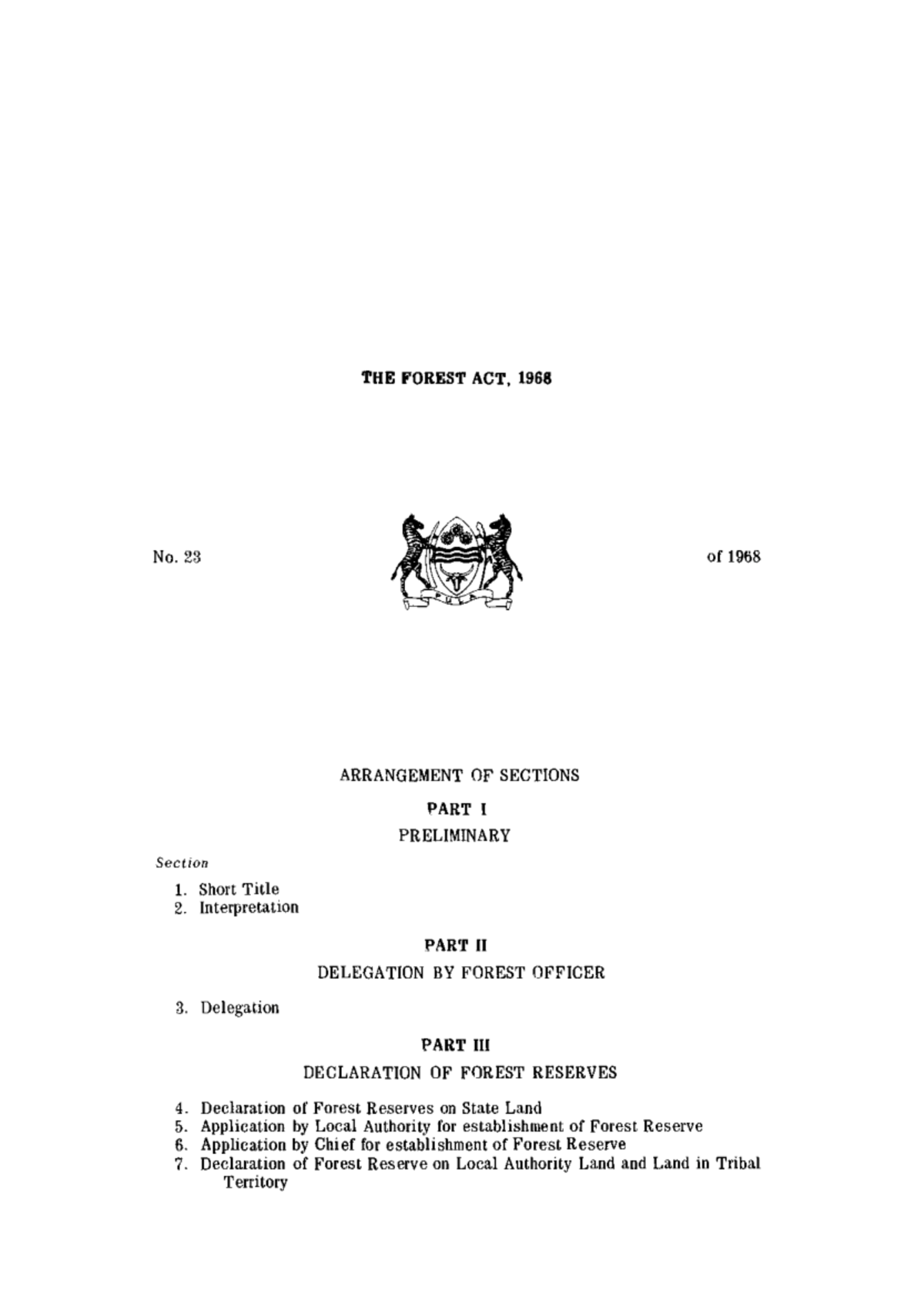 Forest Act No. 23 of 1968: Comprehensive Section Arrangement - Studocu
