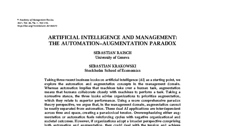AI in Management: Navigating the Automation-Augmentation Paradox (AMR ...
