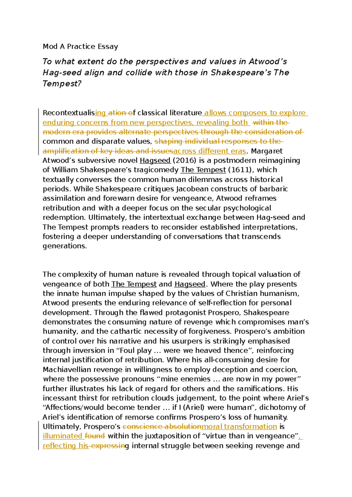 Mod A Essay Draft Perspectives In Hagseed And The Tempest Studocu