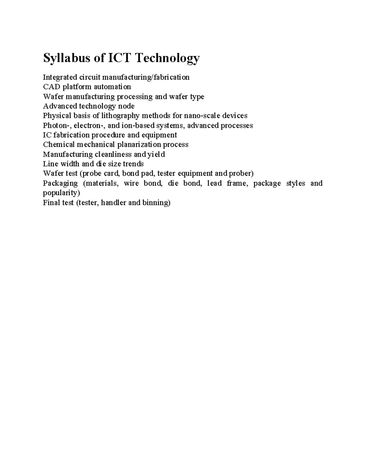 Syllabus of ICT Technology - Syllabus of ICT Technology Integrated ...