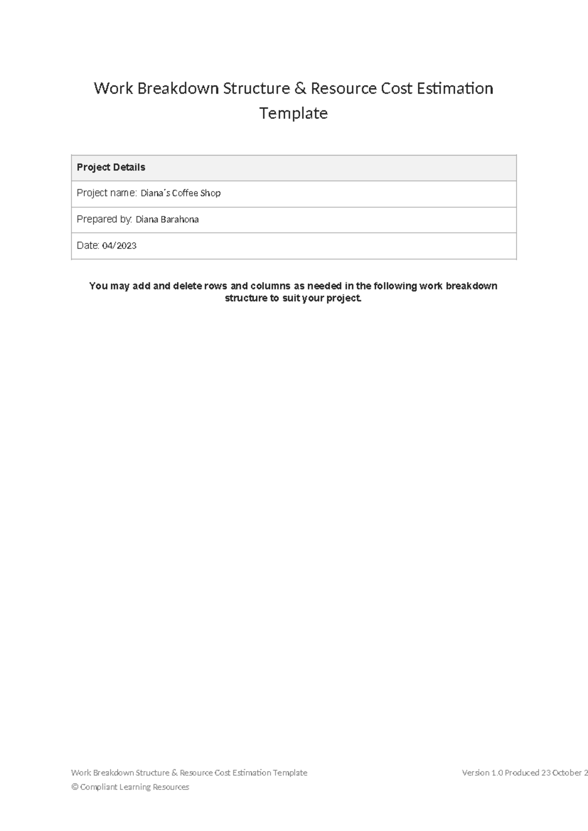 WBS & Cost Estimation Template for Coffee Shop Project (v1.0) - Studocu