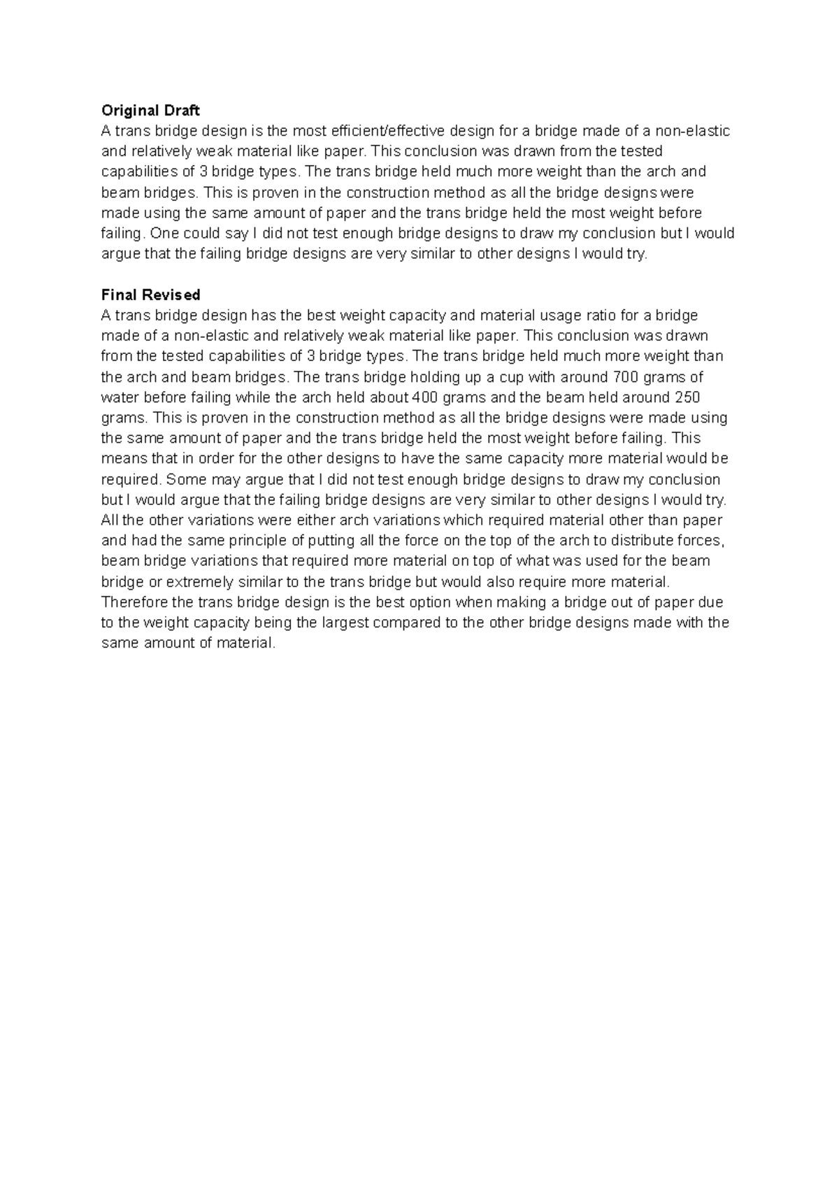 ENGR 101: Final Report on Trans Bridge Design Efficiency - Studocu
