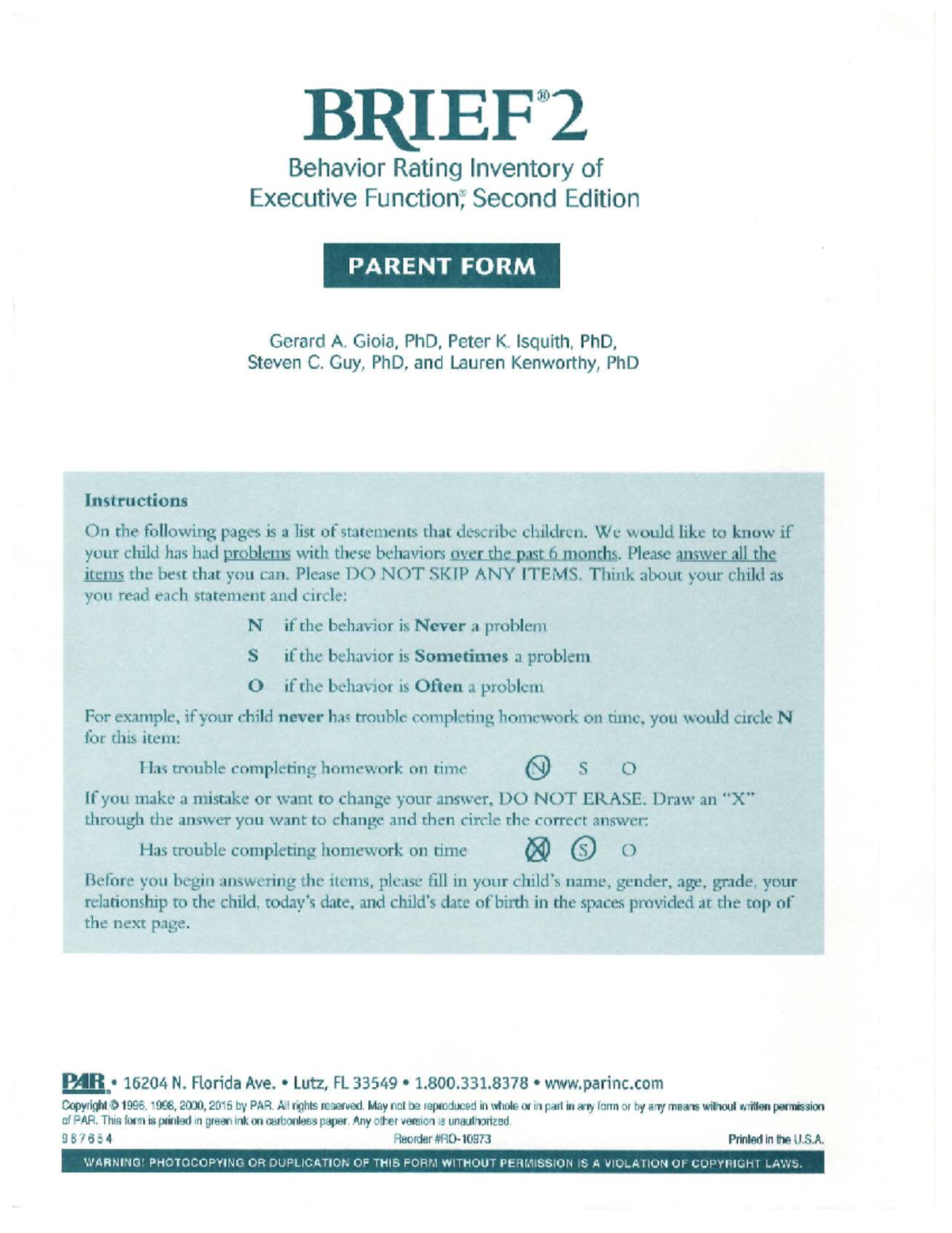 BRIEF 2 Parent Form - Psychological Assessment Scoring Summary - Studocu