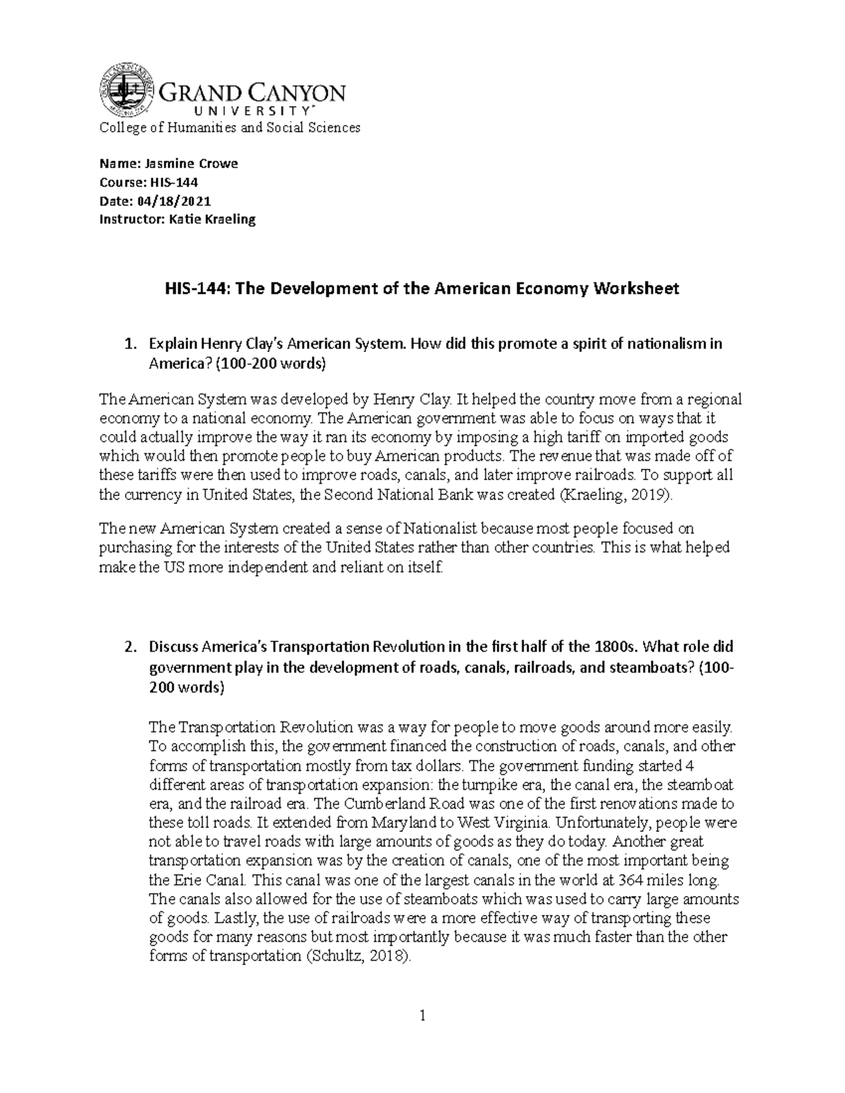 HIS-144.T-4.Development of the American Economy Worksheet - College of ...