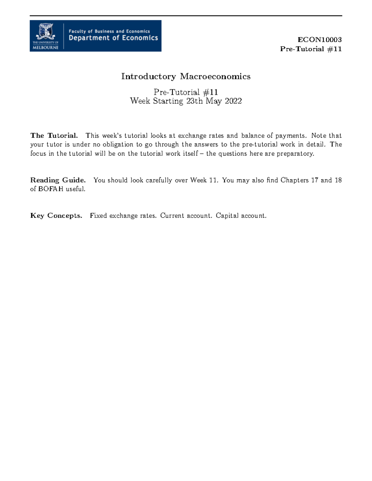 Pre tutorial 11 solutions-1 - ECON Pre-Tutorial # Introductory Macroeconomics Pre-Tutorial Week ...