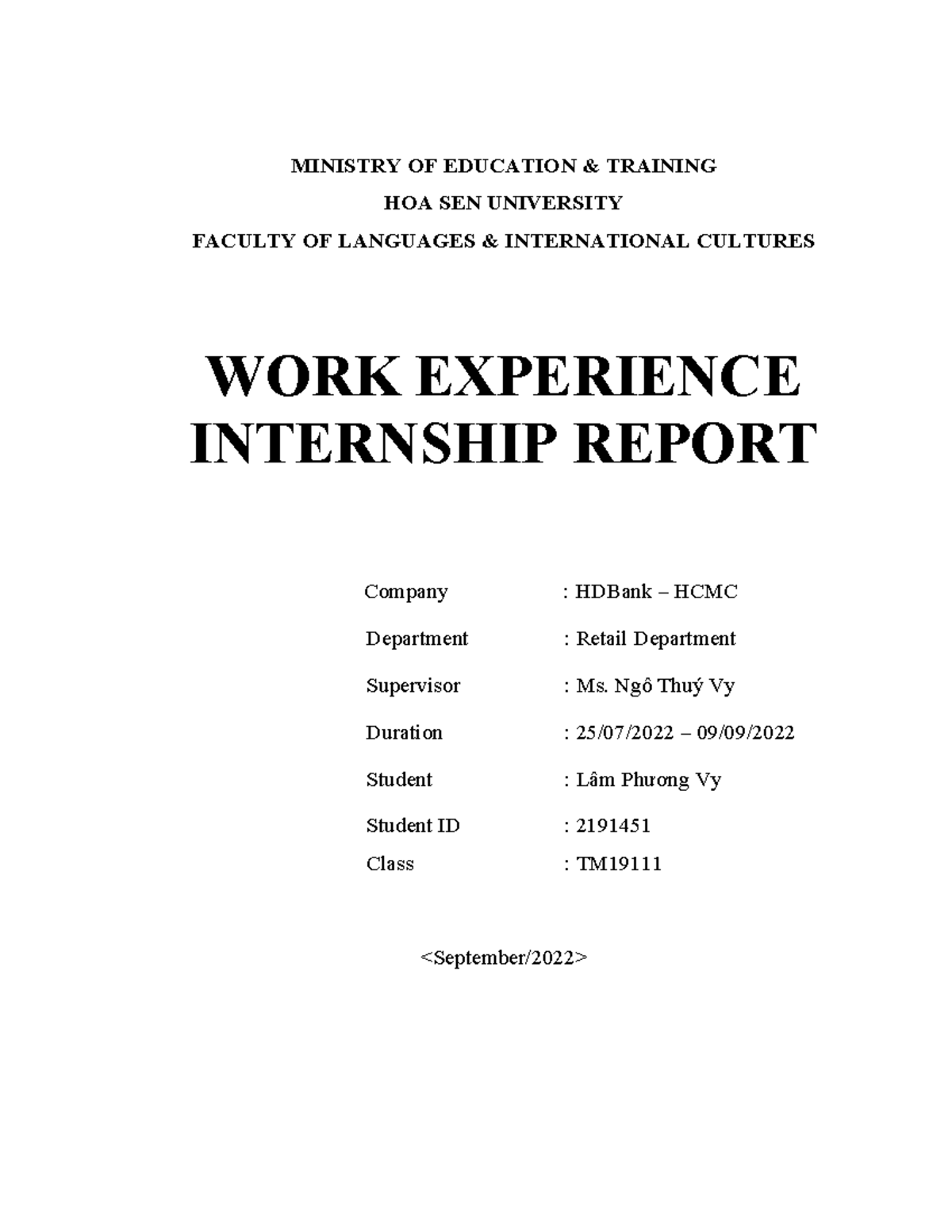 Internship Report: Work Experience at HDBank (Course Code: 21.2B ...