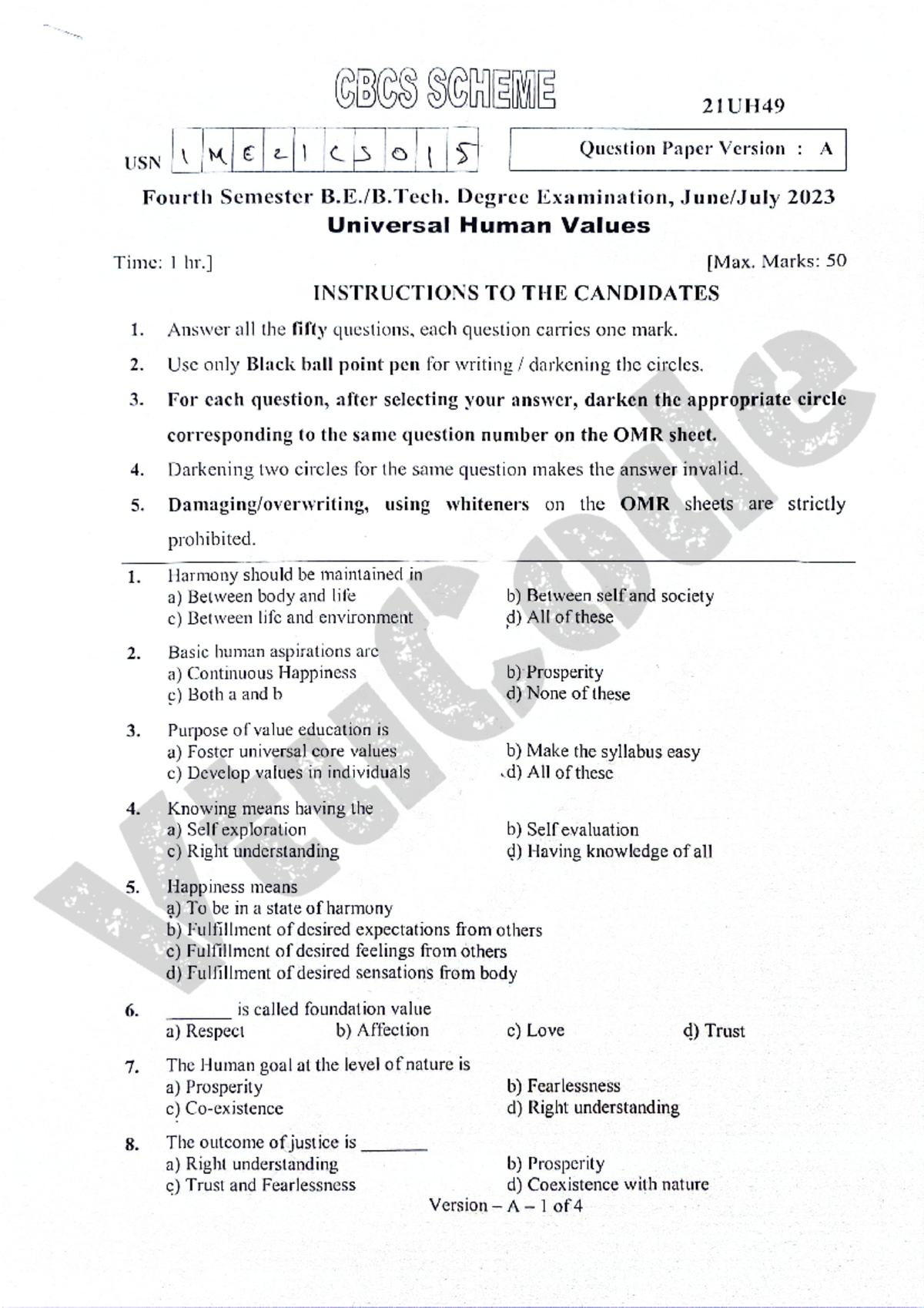 @vtucode - uhv model paper - CBCS SCHEME 21UH49 USN IME2ICS01S Question Paper Version : A Fourth ...
