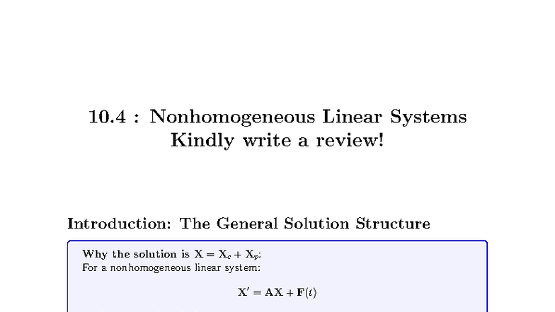 ODEs - Lesson 10.4: Nonhomogeneous Linear Systems Notes - Studocu