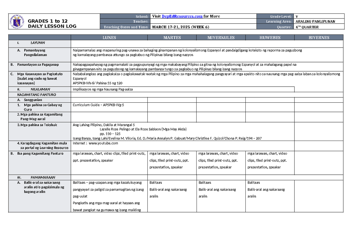 DLL Araling Panlipunan 5 Q4 W6 - GRADES 1 to 12 DAILY LESSON LOG School: Visit DepEdResources ...