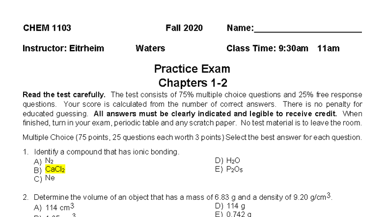 CHEM 1103 Practice Exam 1 Key - Fall 2020 - Studocu