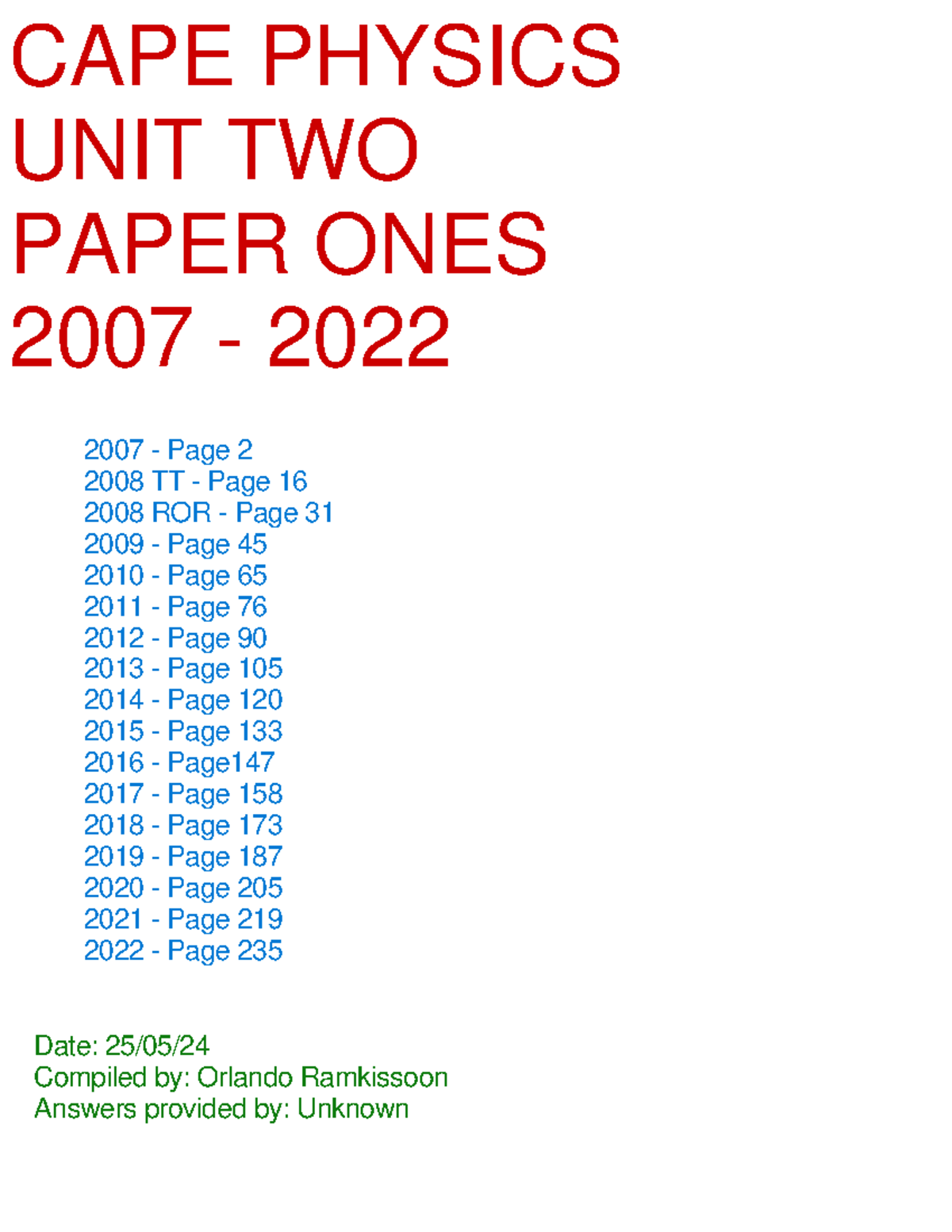 CAPE Physics Unit 2 Paper 01 Solutions from 2007 to 2022 - Studocu