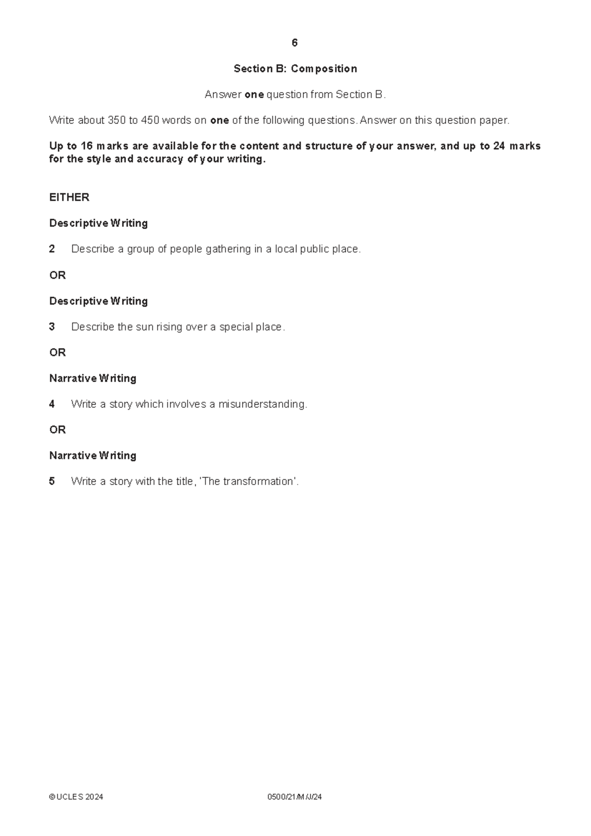 Writing 050024 - Section B Composition Questions for UCLES 2024 - Studocu