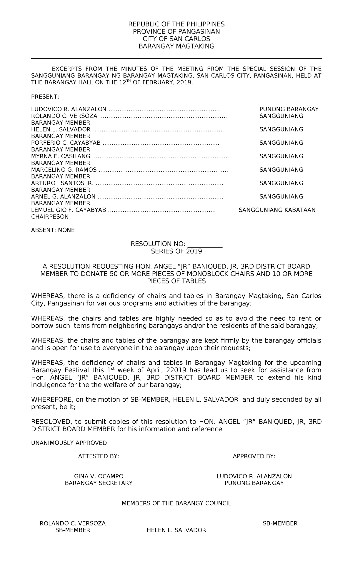Resolution Requesting Donation of Chairs & Tables - Barangay Magtaking ...