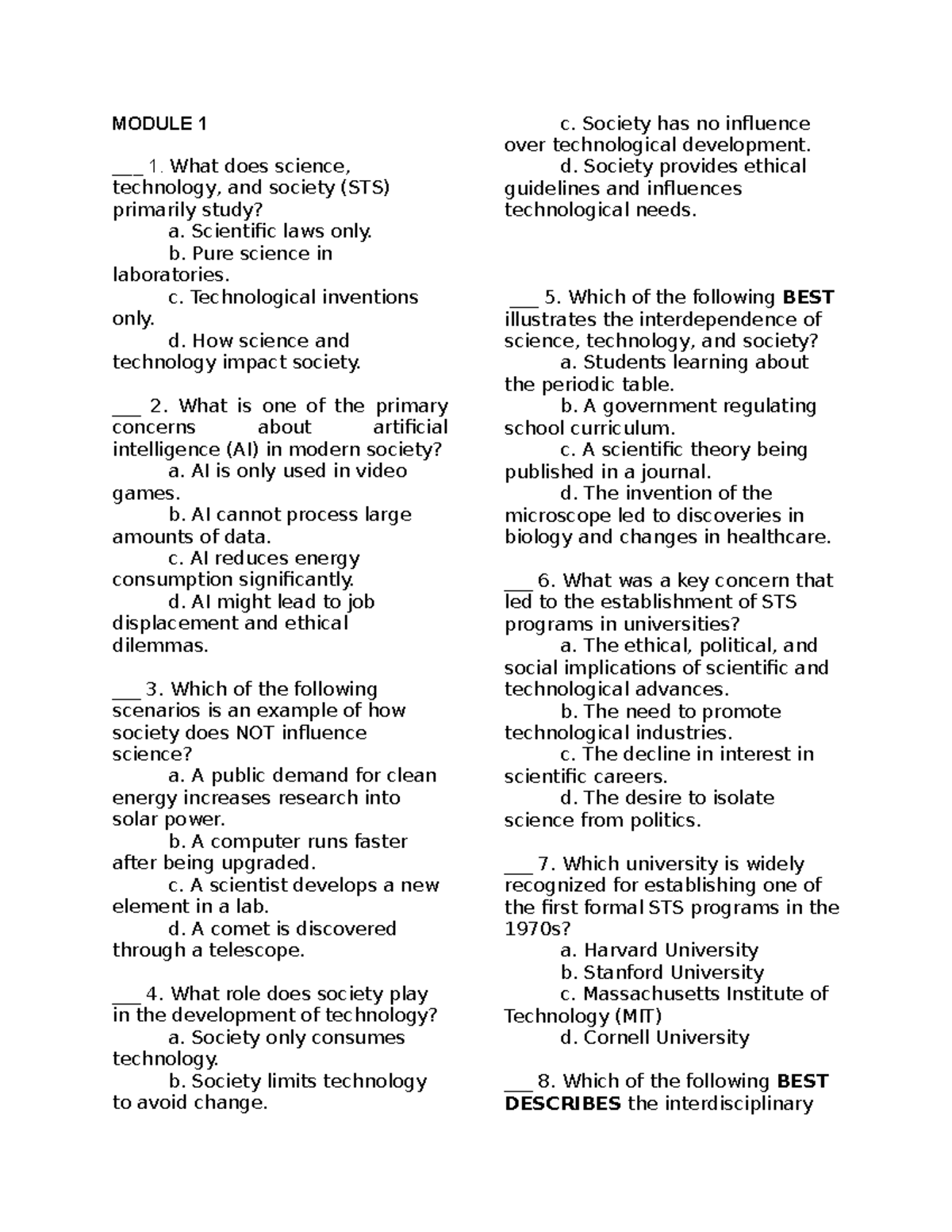 STS-EXAM: Science, Technology, and Society Module 1 Review - Studocu
