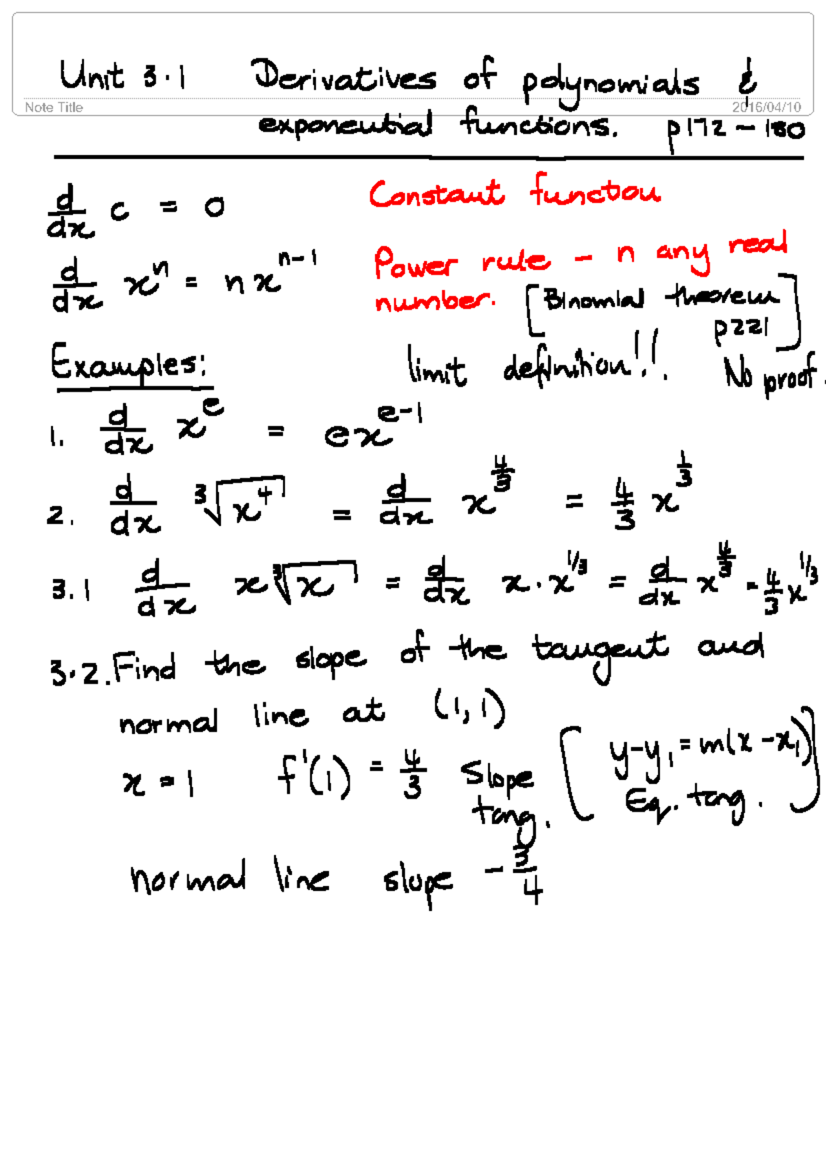 Unit 3.1: Derivatives of Polynomials & Exponential Functions Notes ...