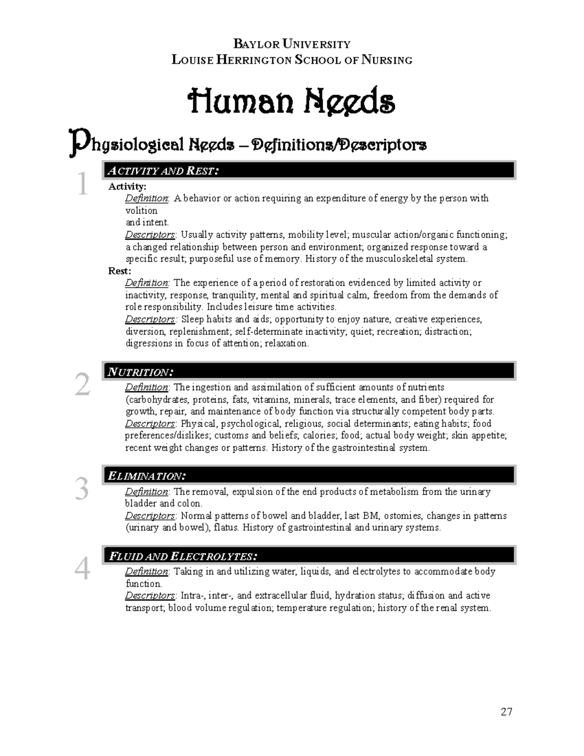 BAYLOR NURSING Human Needs: Physiological & Spiritual Aspects - Studocu