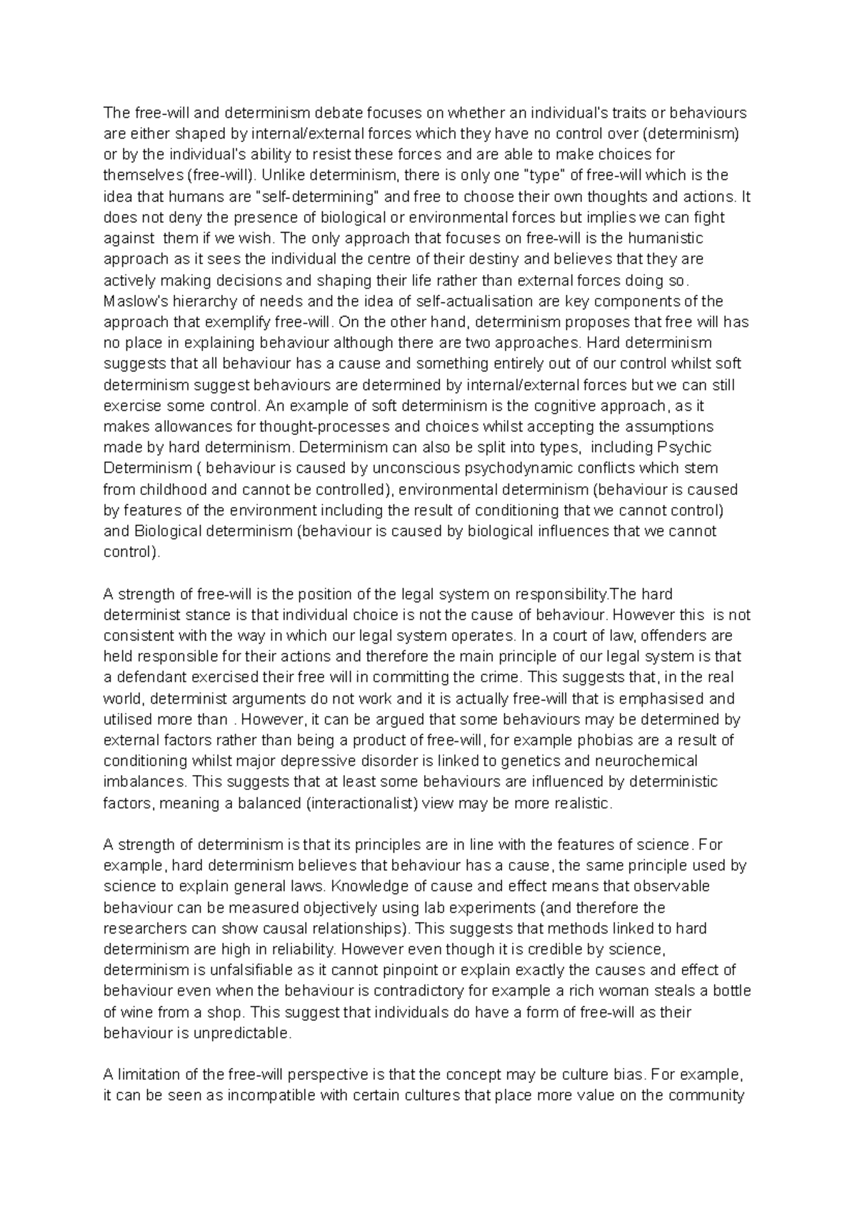 PSY101: Essay on Free Will vs. Determinism Debate - Studocu