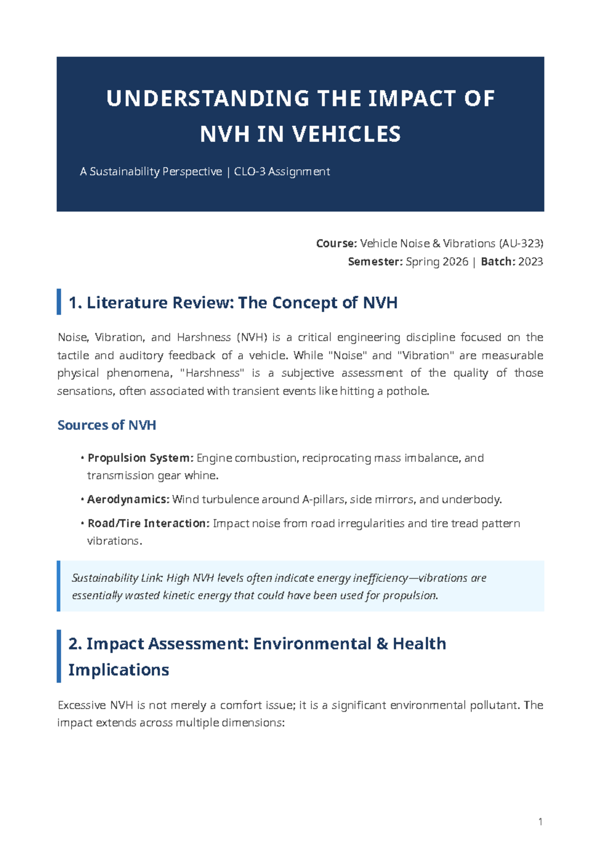 NVH Sustainability Report: Impact Assessment & Innovations (Course: VNV ...