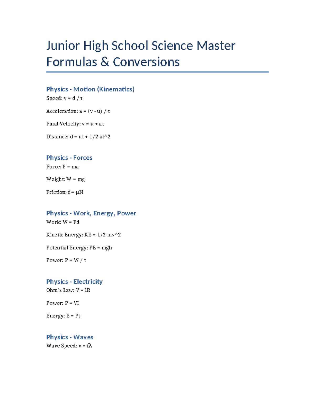 Junior High School Science Formula Reviewer (Kinematics & More) - Studocu