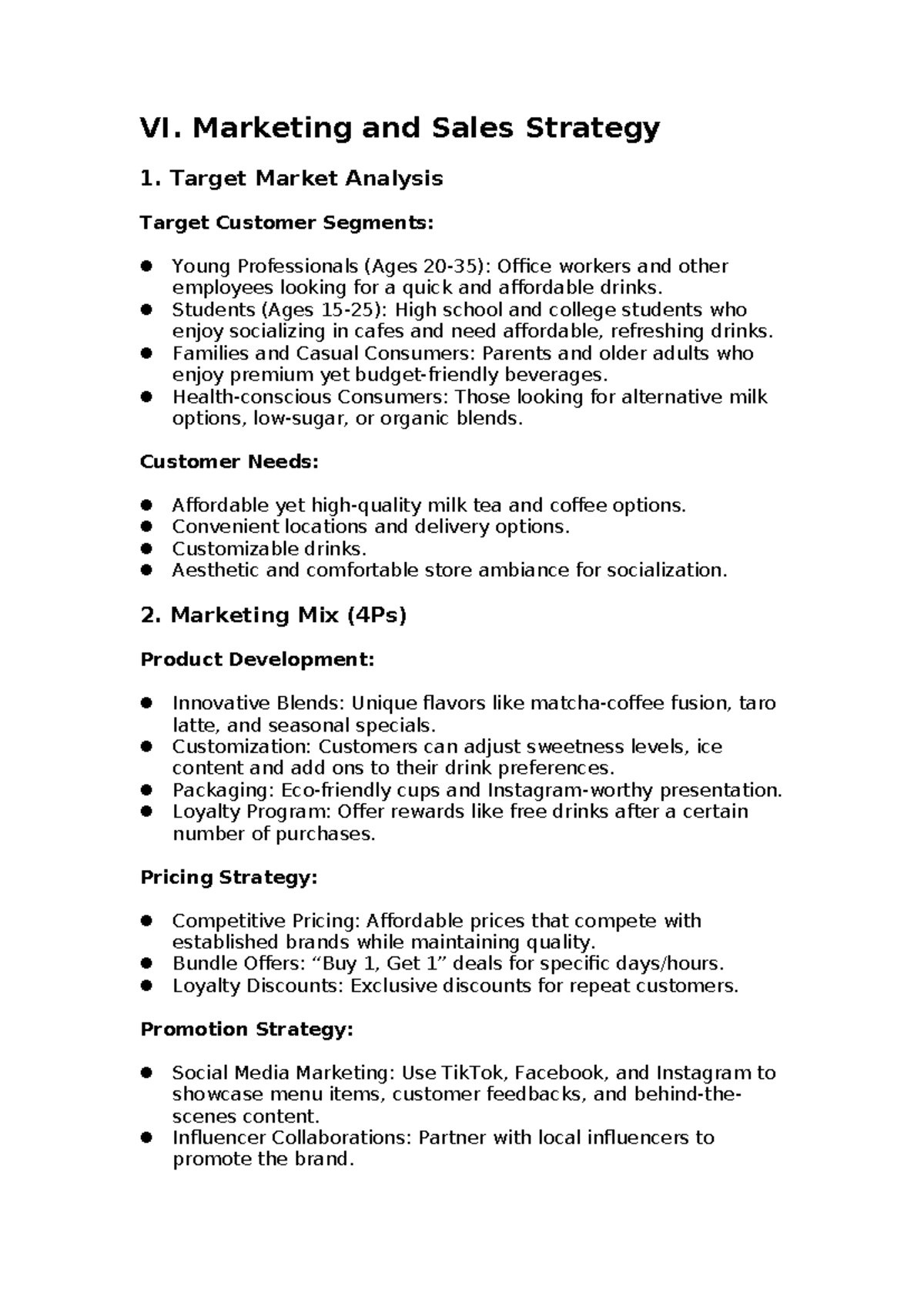 Marketing and Sales Strategy - VI. Marketing and Sales Strategy 1 ...