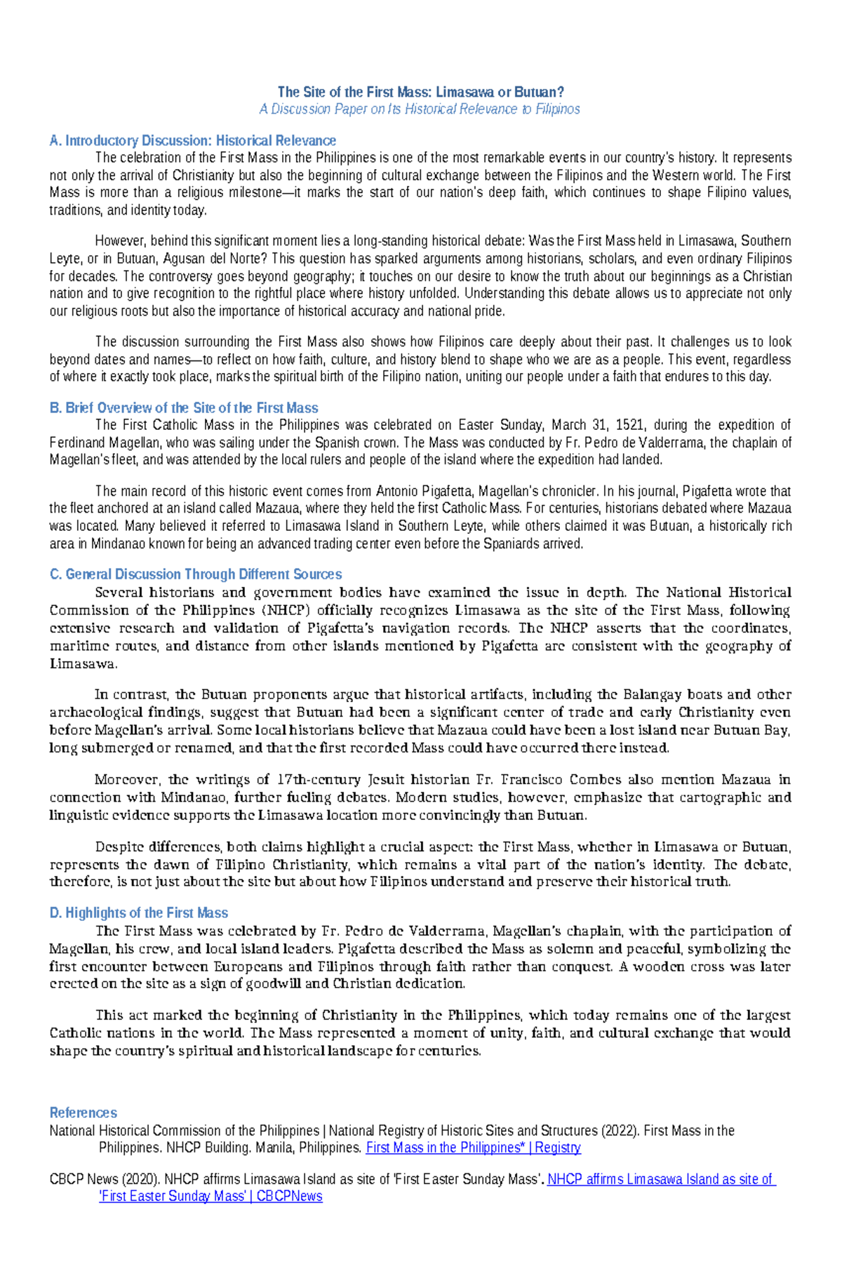 Discussion Paper: The First Mass in the Philippines - Limasawa vs ...